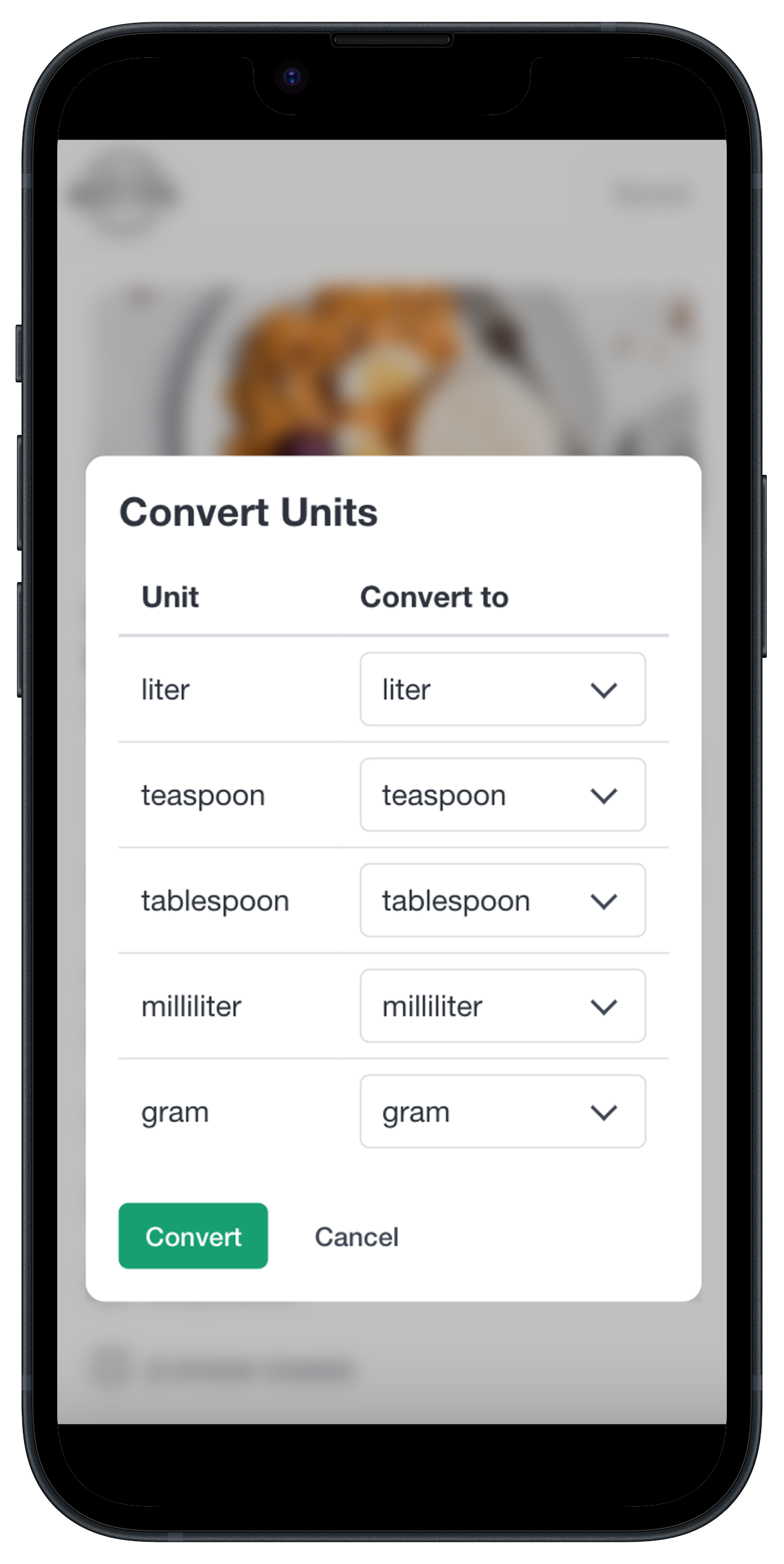 Image shows the Get the Recipe App being used to convert recipe units”